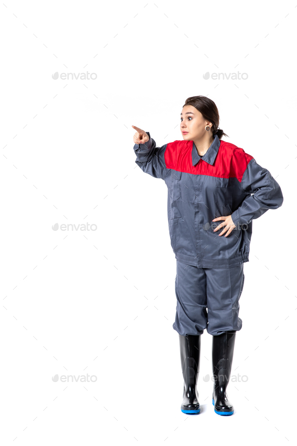 front view female builder in special uniform on white background job ...