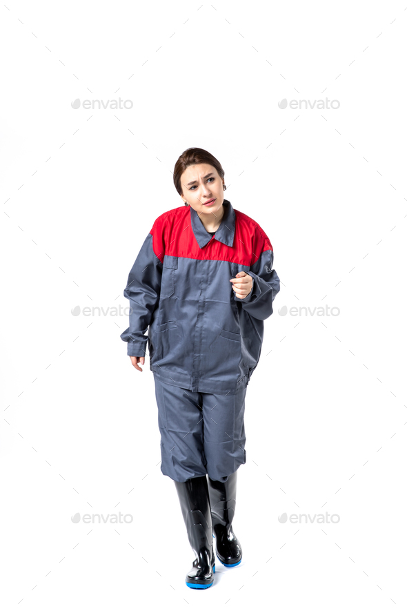front view female builder in special uniform on white background worker ...