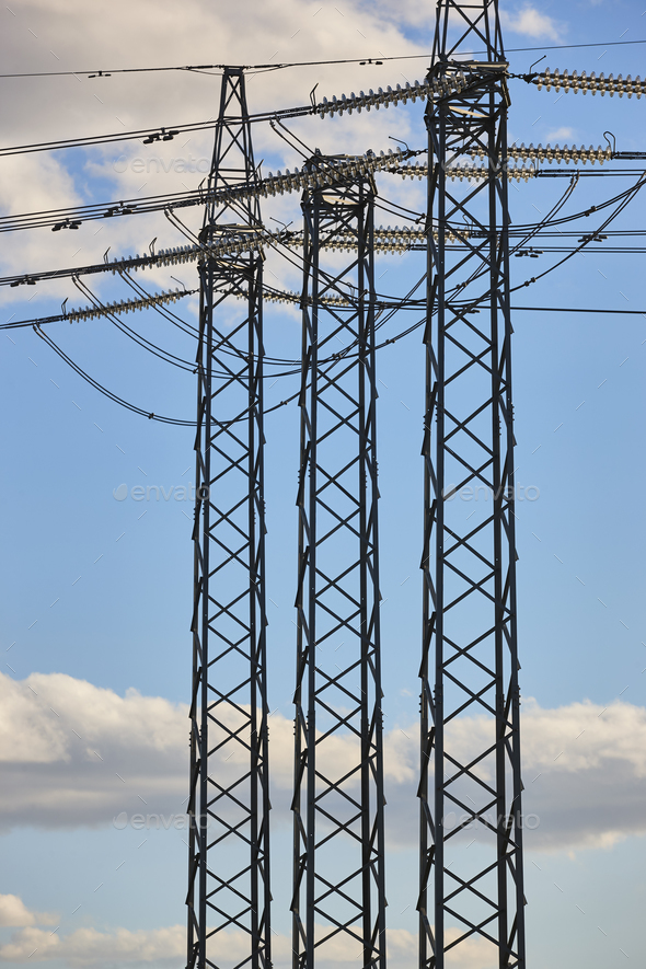 Power line tower. Energy industry. Industrial electricity distribution ...