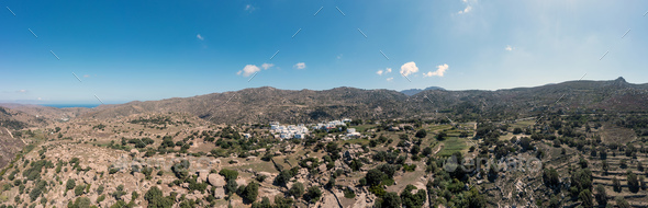Greece. Tinos island Cyclades. Aerial panoramic view of Volax village ...