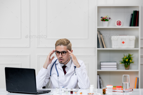 medical smart handsome cute doctor guy in lab coat in hospital with ...