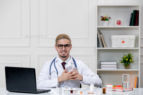 medical smart handsome cute doctor guy in lab coat in hospital with ...