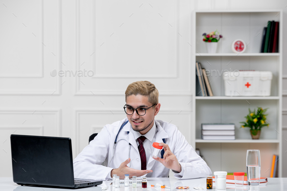 medical cute smart handsome doctor guy in lab coat in hospital with ...