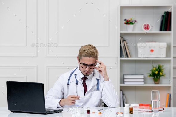 medical cute smart handsome doctor guy in lab coat in hospital with ...