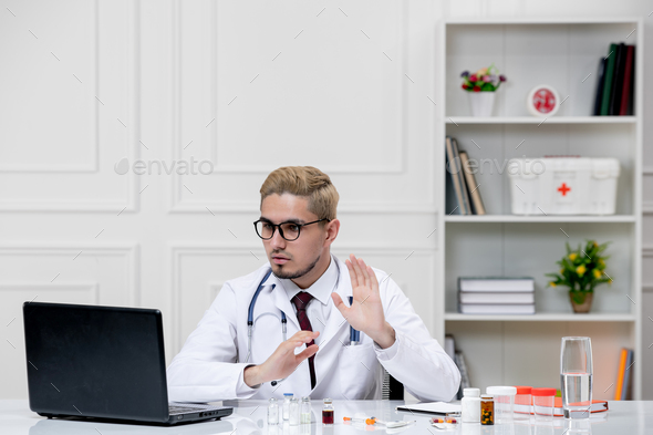 medical cute smart handsome doctor man in lab coat in hospital with ...