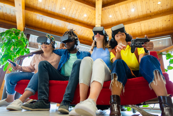 Group of international friends wearing a new futuristic virtual ...