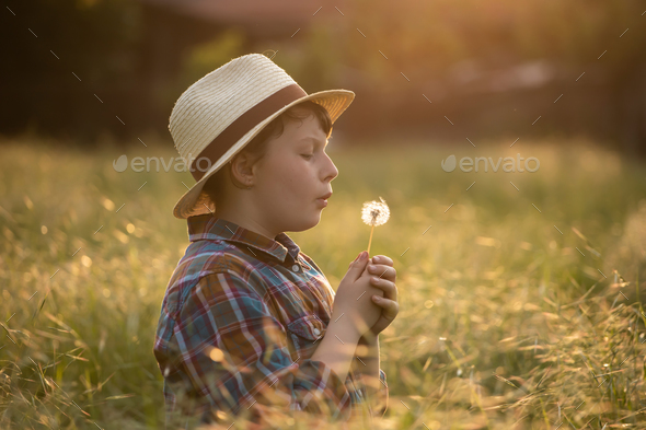 Cute little girl having fun in a dandelion field Stock Photo by erika8213