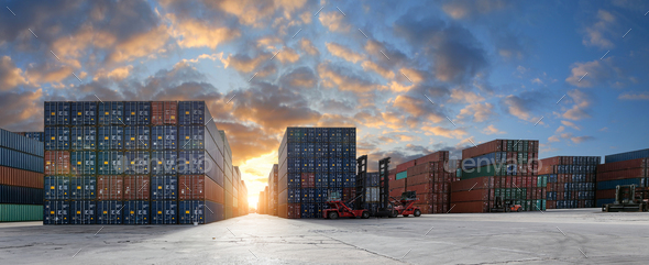 Stack of containers in a harbor. Shipping containers stacked on cargo ...
