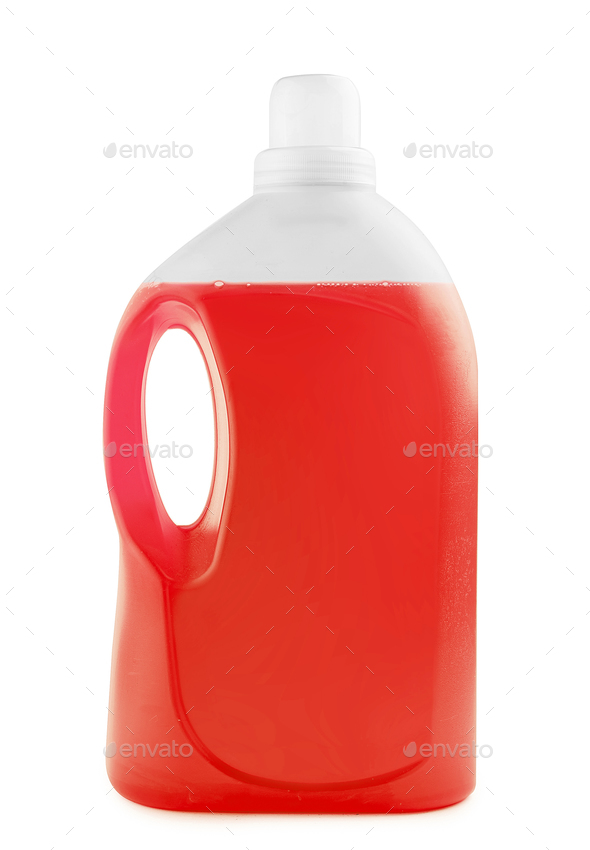 Plastic clean bottle full with red detergent Stock Photo by AntAlexStudio