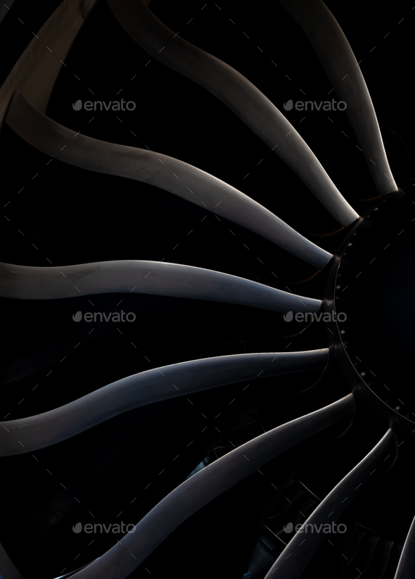 Plane background. Airplane turbine blades close-up. Airplane engine ...