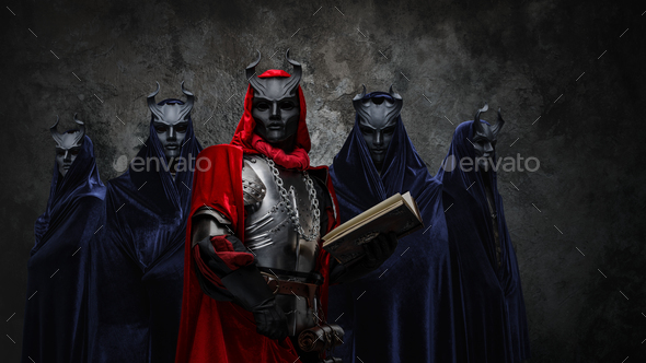 Five brothers of dark cult dressed in dark robes Stock Photo by fxquadro