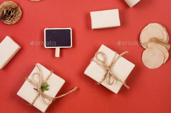 Christmas wrapping background with gift boxes in craft paper Stock ...