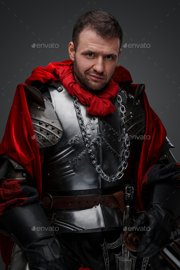 Medieval knight member of cult against grey background Stock Photo by ...