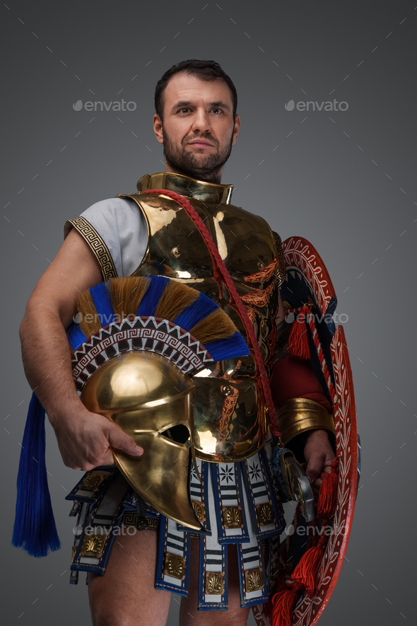 Antique greek commander with bronze armor and plumed helmet Stock Photo ...
