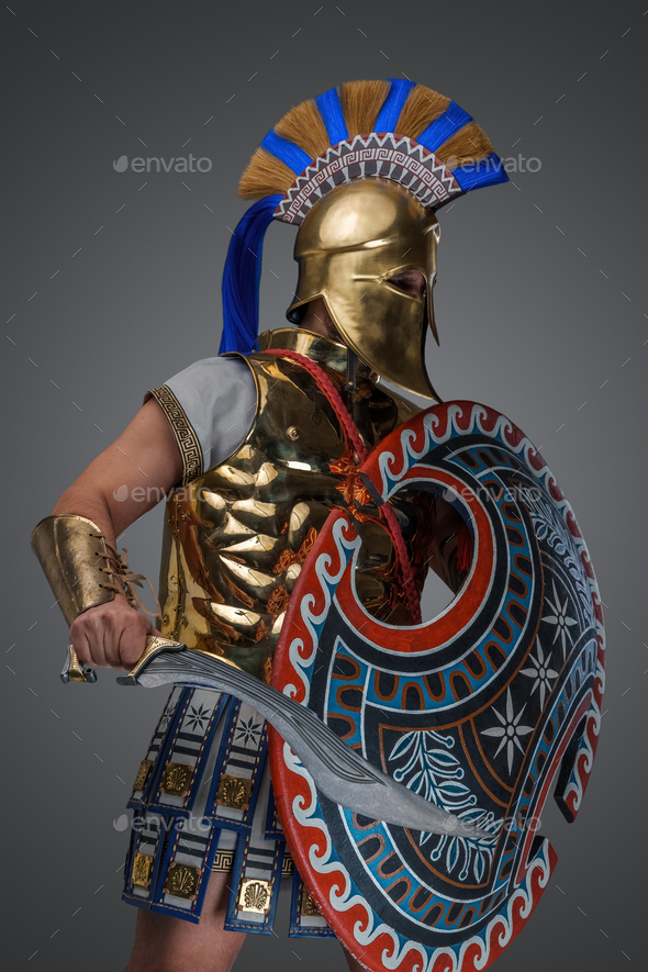 Ancient greek swordsman with rounded shield and gladius Stock Photo by ...