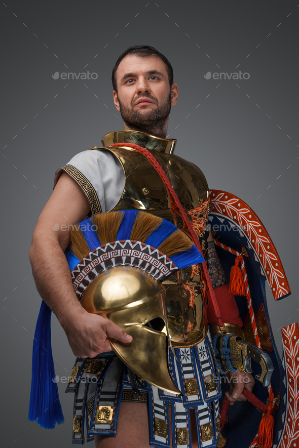 Antique greek commander with bronze armor and plumed helmet Stock Photo ...
