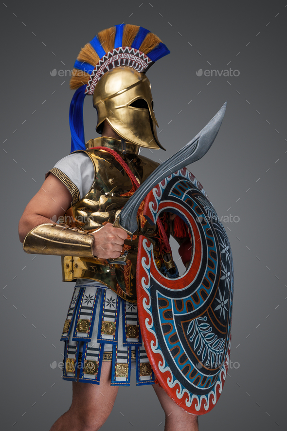Ancient greek swordsman with rounded shield and gladius Stock Photo by ...