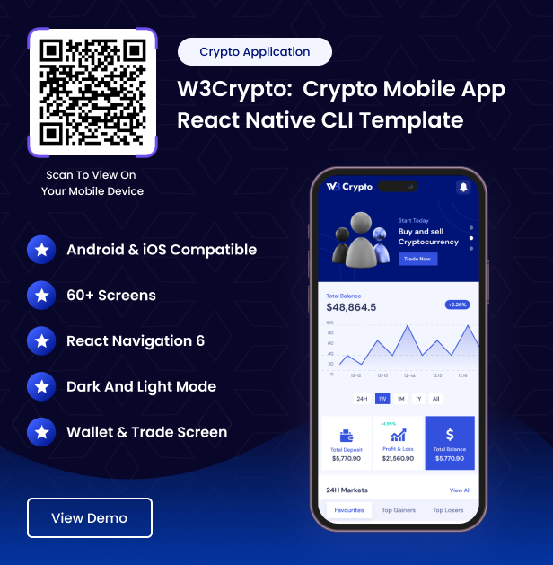 W3Crypto | Crypto Mobile App React Native CLI Template by hugebinary