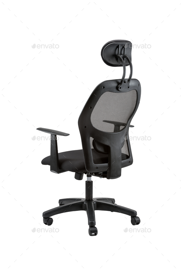Vertical partial rear view of black office chair with headrest isolated ...