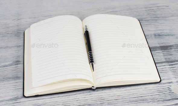 Writing into a book, empty copy space for text, hand with a pen Stock ...