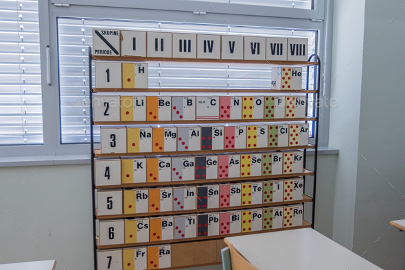 Periodic table with cubes on wooden shelves in the classroom Stock ...