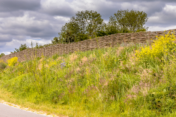 Ecological sound barrier earth wall with willow fence Stock Photo by ...