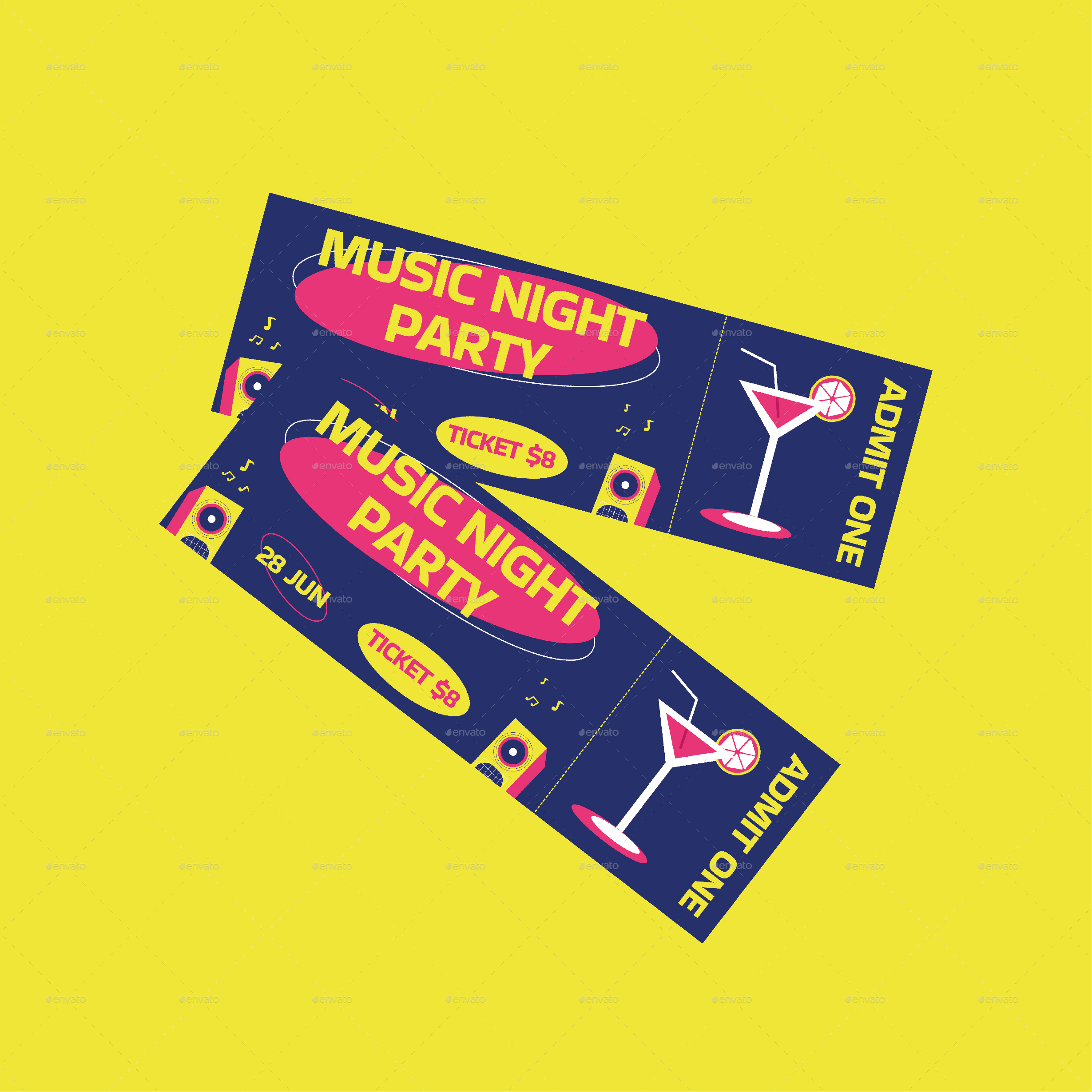 Purple Flat Music Night Party Ticket, Print Templates | GraphicRiver