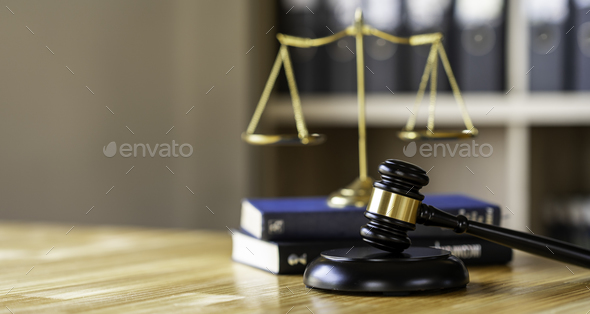 judgment hammer, Legal office. Attorney at law. Law and justice. Wooden judge gavel, close-up ...