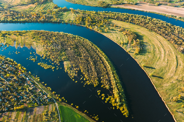 Village Near River, Aerial View Green Forest Woods And River Landscape ...
