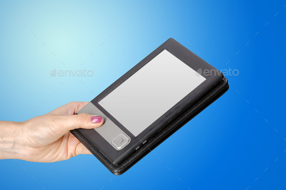 Hand holding e-book reader isolated on white background Stock Photo by ...