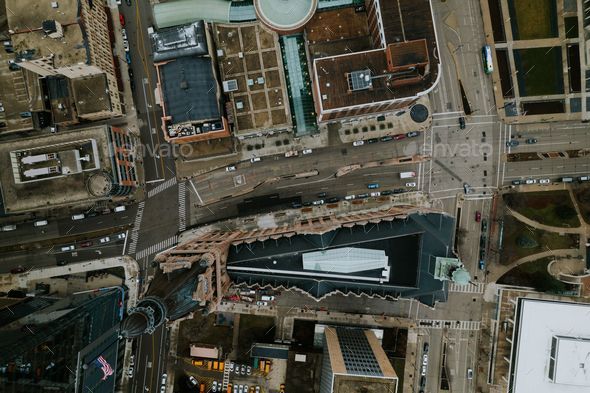 Bird's-eye view of a downtown area showcasing a skyline of high-rise ...