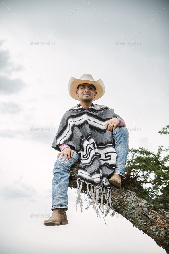 Cowboy wearing a poncho sitting under a tree in the sky Stock Photo by ...