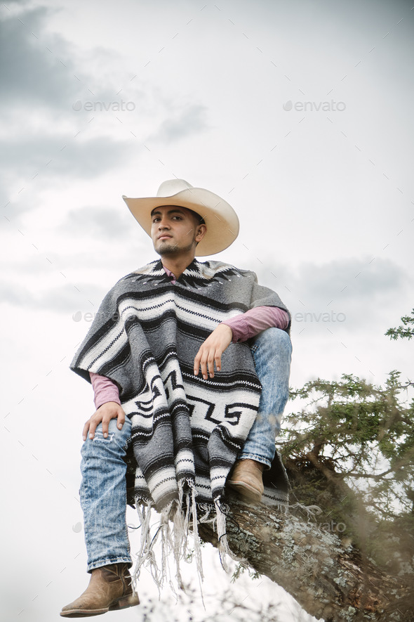 Cowboy wearing a poncho sitting under a tree in the sky Stock Photo by ...