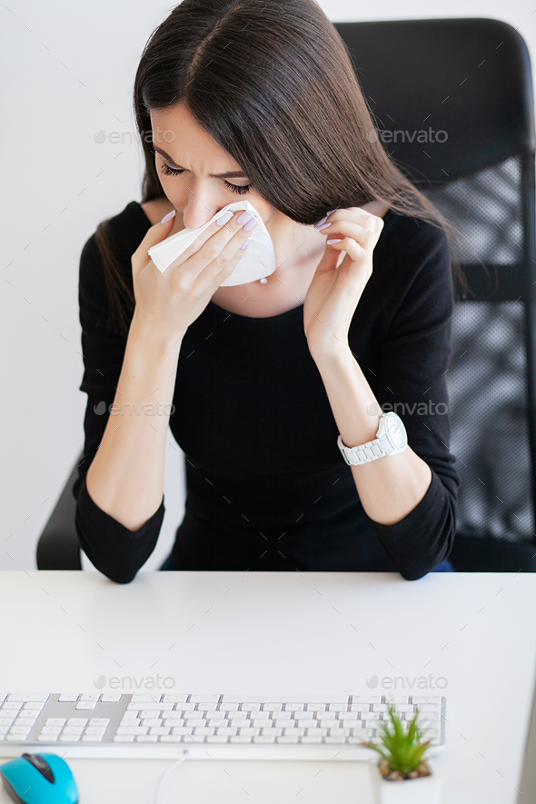Pain. Ill Business Woman Suffering at Work Behind the Desk in Her ...
