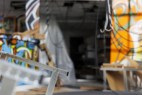 Decaying building structure covered in rusty graffiti art Stock Photo by DC_Studio