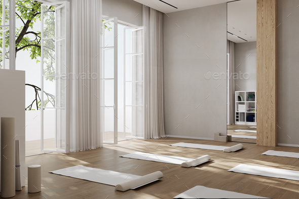 Modern fitness class interior with sport equipment in and panoramic ...