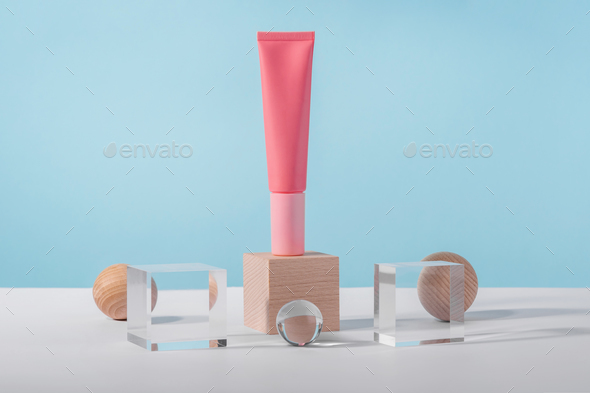 Medical skincare and cosmetic cream mockup on acrylic block pedestal ...