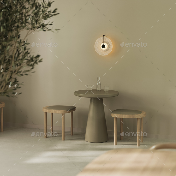 Modern cafe interior with coffee table and wooden chairs, 3d render ...
