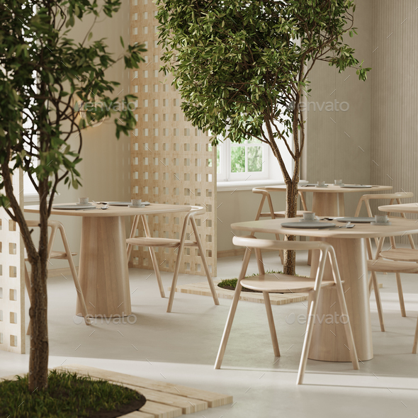 Cafe bar restaurant, 3d render. Empty restaurant interior daytime with ...