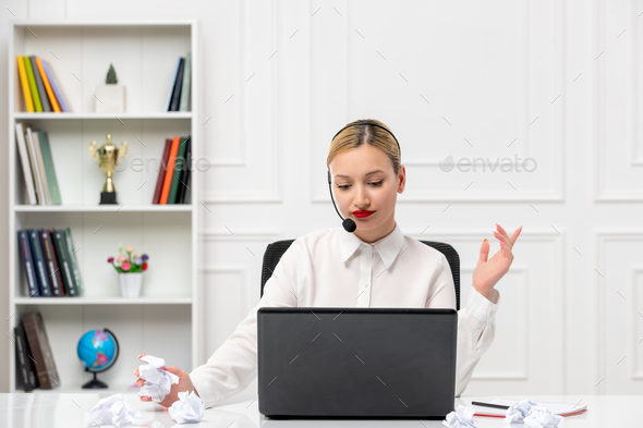 customer service cute blonde girl office shirt with headset and ...
