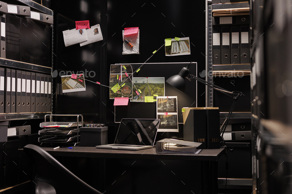 Empty police detective room with investigation process on board Stock ...