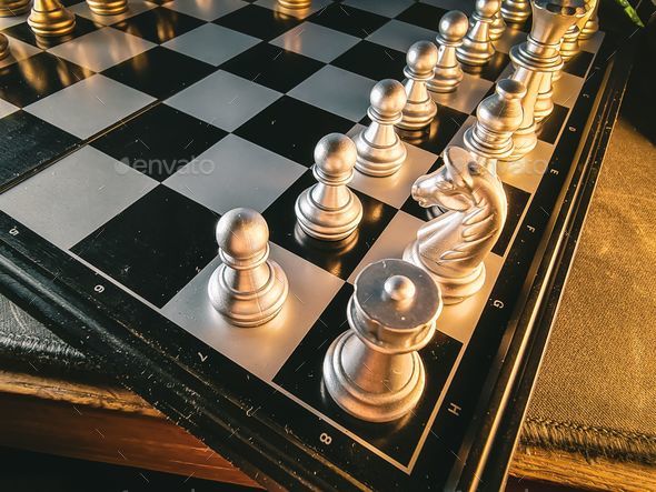 Classic chess board with a full set of silver pieces Stock Photo by ...