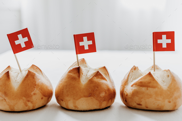 Traditional swiss bread buns baked in Switzerland to celebrate Swiss ...
