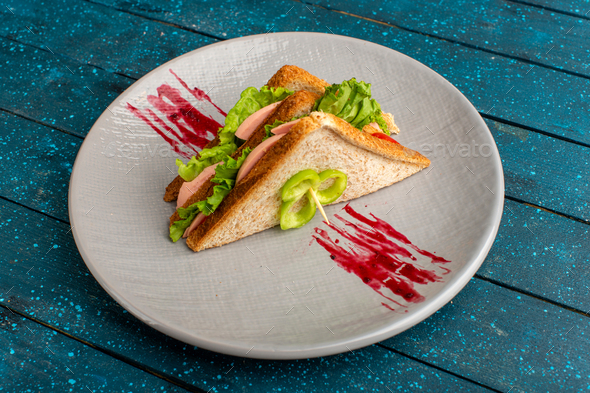 front view delicious sandwiches inside plate on the blue background ...