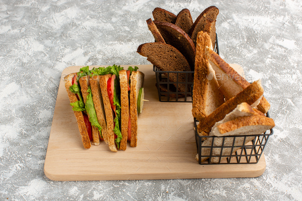 front view sandwiches and bread on the grey light background sandwich ...