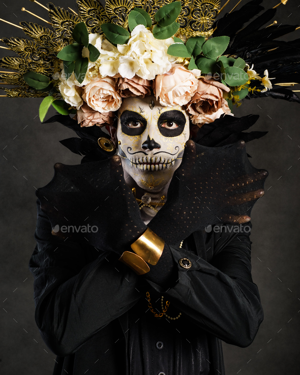 Studio portrait of Drag Queen catrin. Makeup for halloween or day of ...