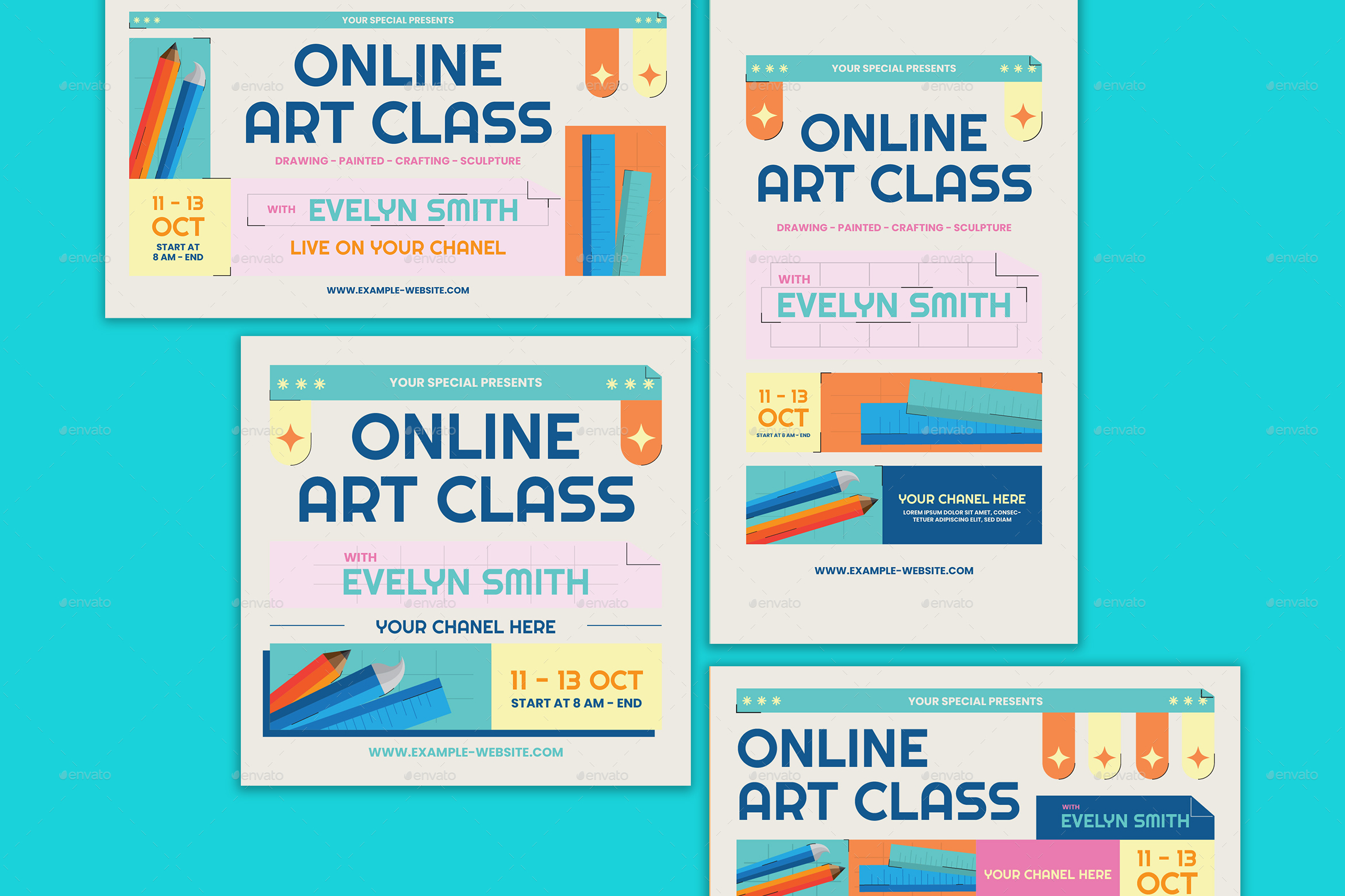 Flat Online Art Class Flyer Set, Print Templates | GraphicRiver
