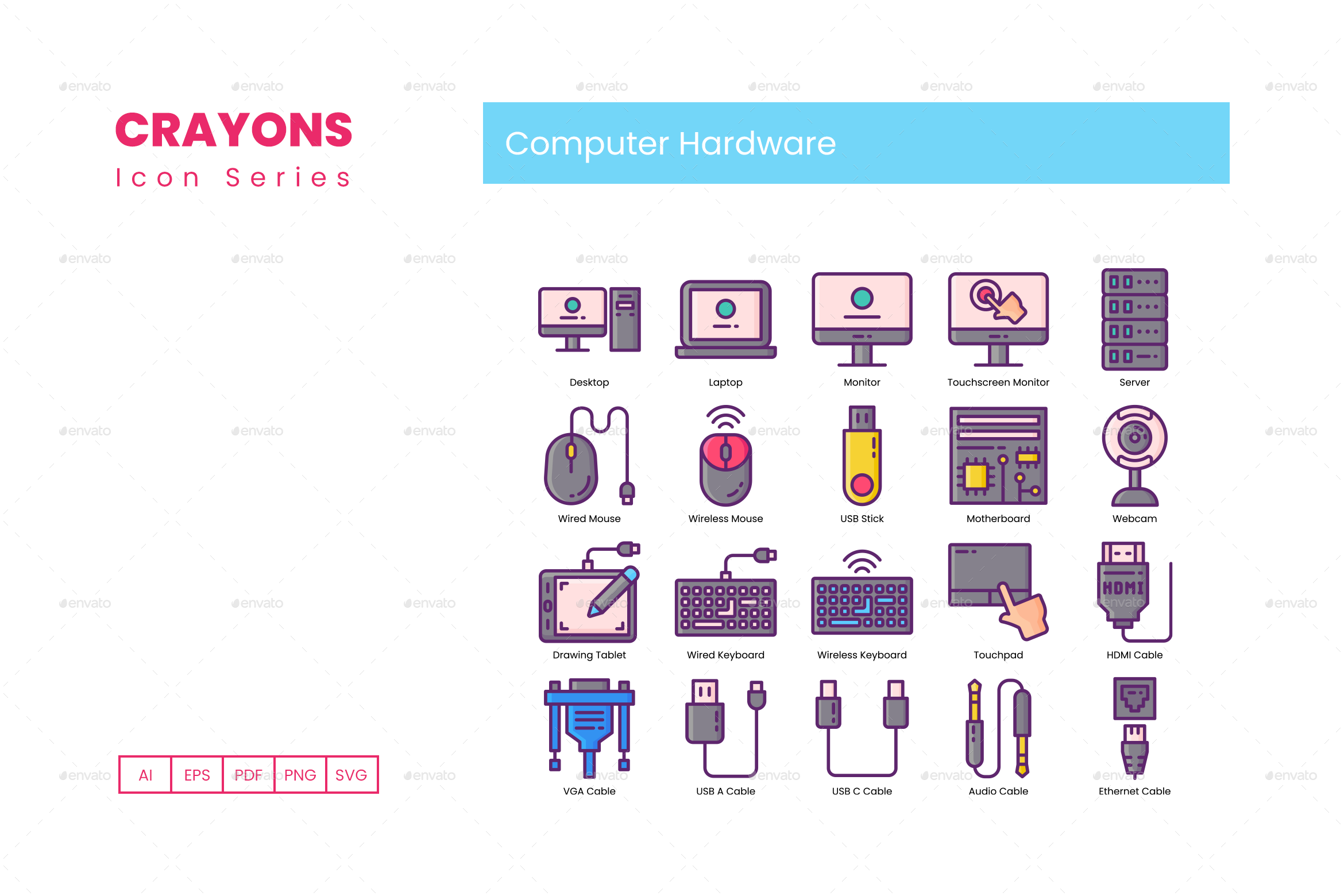 50 Computer Hardware Icons | Crayons Series by Krafted | GraphicRiver