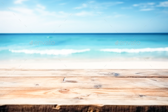 Top of wood table with seascape, blur calm sea and sky at tropical ...