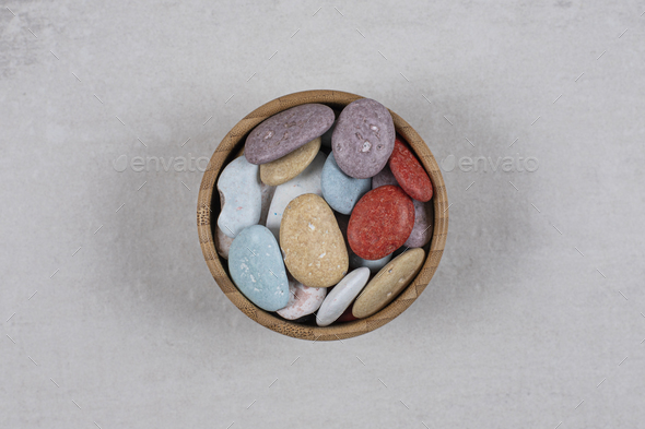 Colorful various stone candies in wooden bowl Stock Photo by 13people